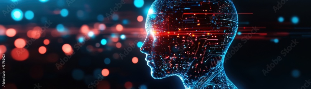Futuristic profile of a human head with digital circuits and glowing ...