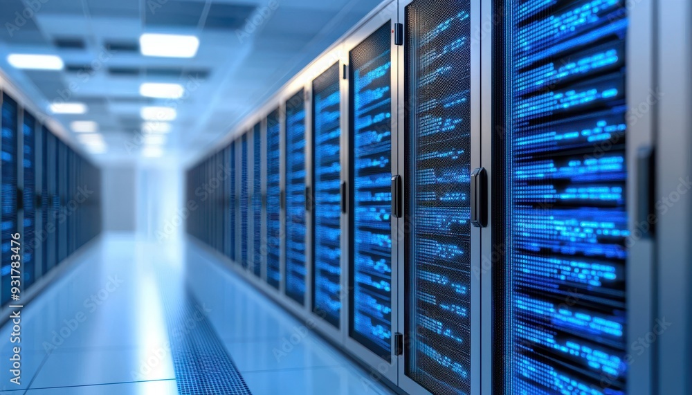 Modern data center with rows of server racks illuminated by blue lights ...