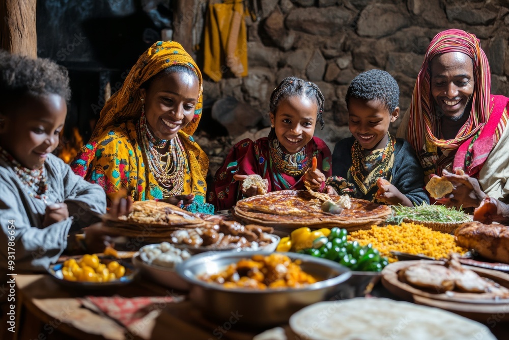 traditional Ethiopian family celebrating Enkutatash, in colorful ...