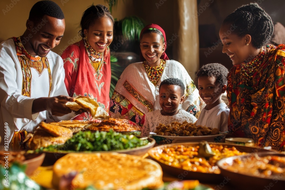 traditional Ethiopian family celebrating Enkutatash, in colorful cultural attire, gathered ...