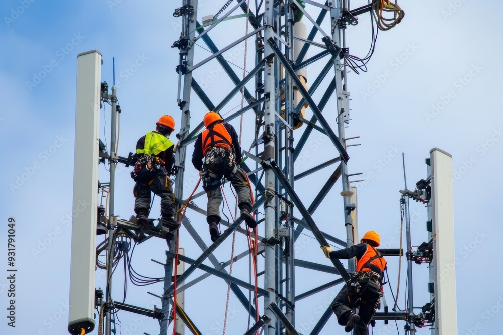 Technicians working on tall telecommunications towers, workers wearing ...