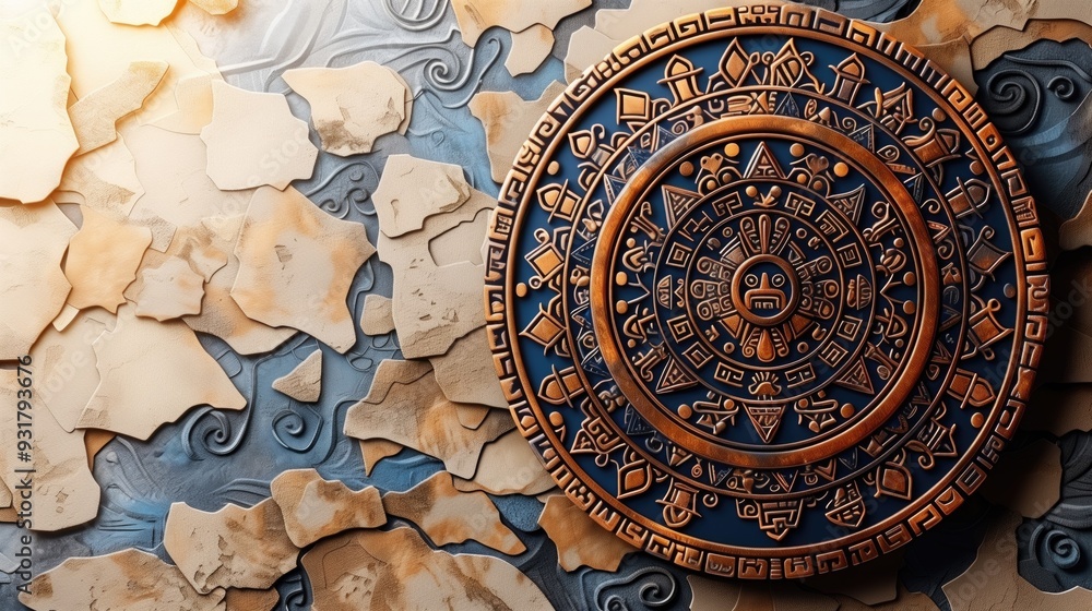 Intricate Aztec calendar stone with detailed carvings on a textured ...