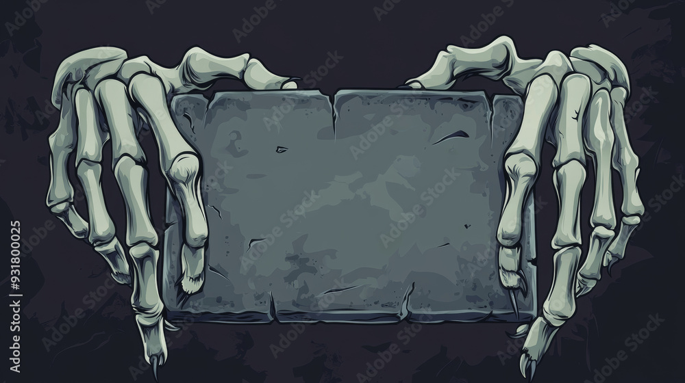 Skeletal or zombie hands gripping black banners or a tombstone ...