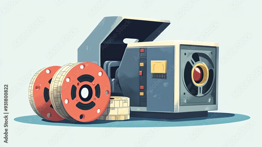 A retro movie cassette camera illustration, complete with film reels ...