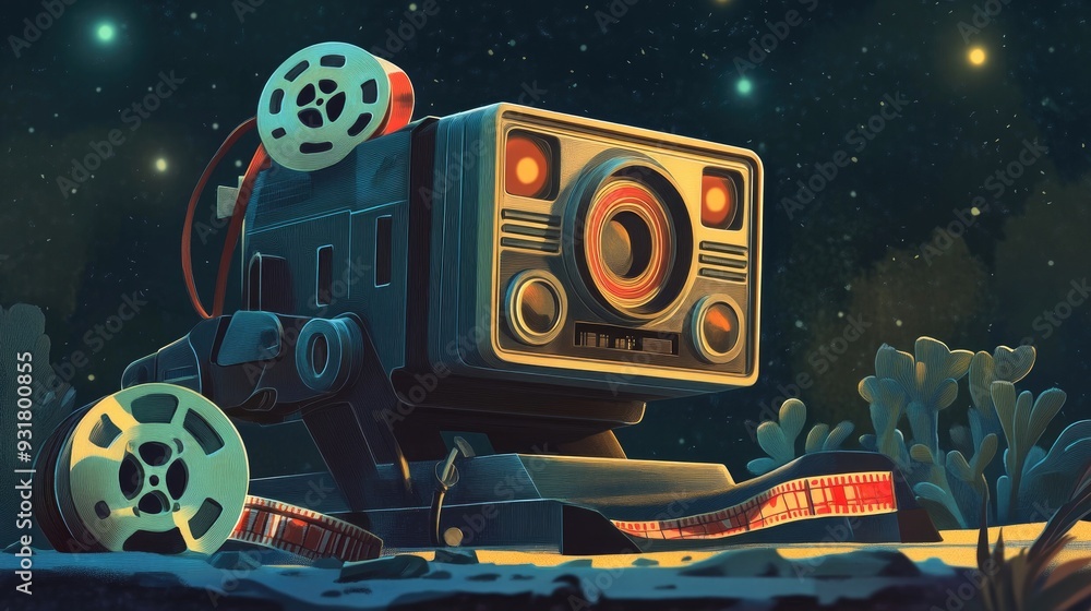 A retro movie cassette camera illustration, complete with film reels ...