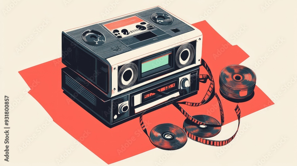 A retro movie cassette camera illustration, complete with film reels ...