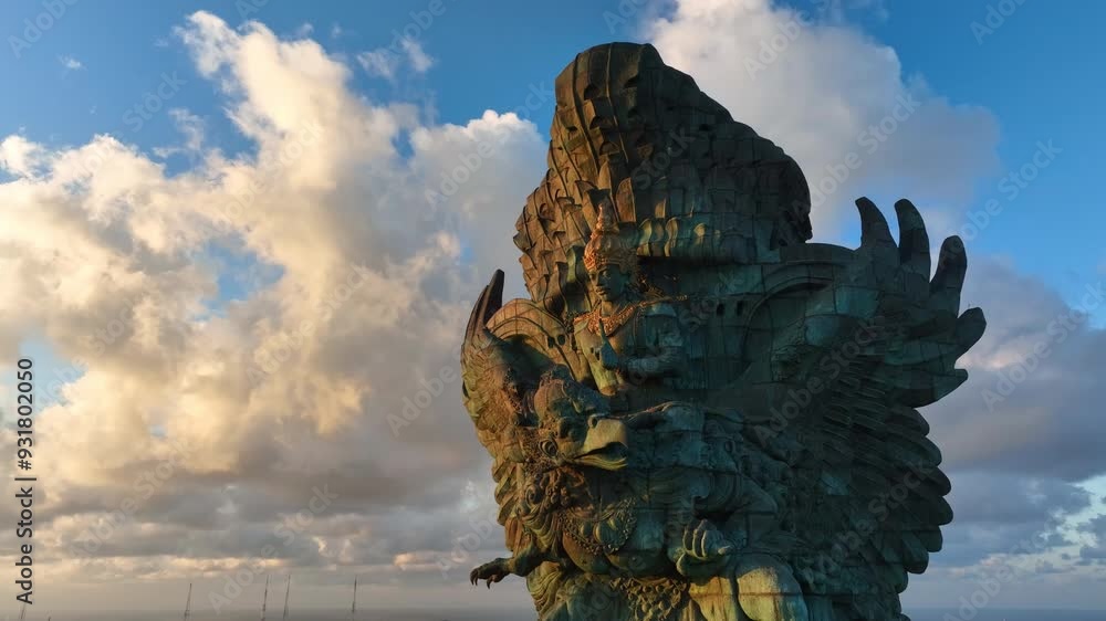 Drone video.Statue of Hindu god Garuda Vishnu Kenkhana With blue sky ...