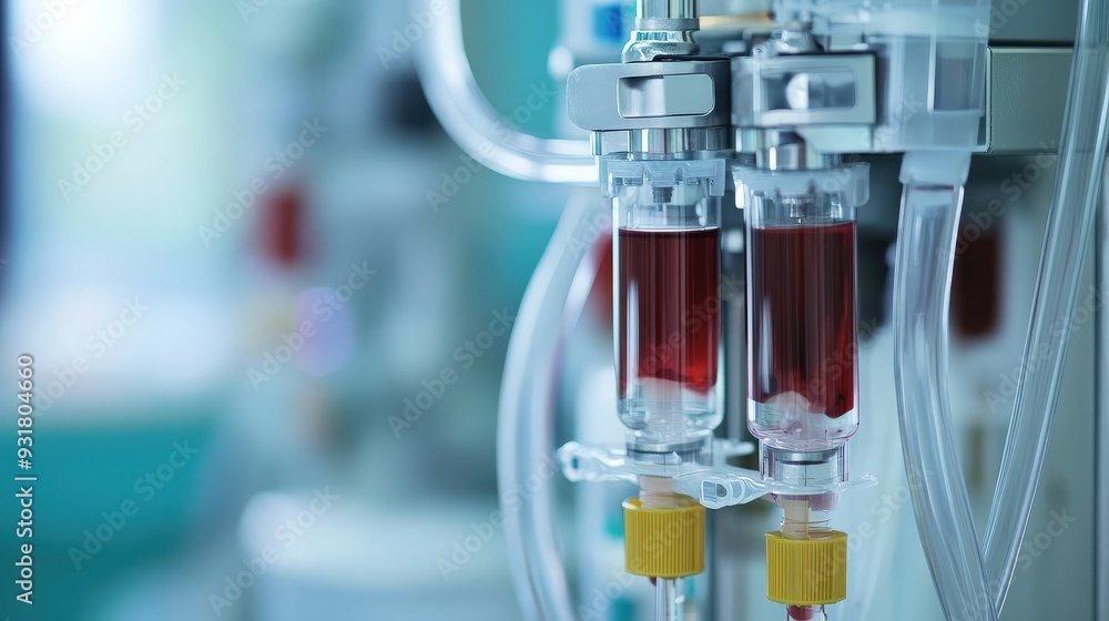 Specialized dialysis machines filter blood in a healthcare facility ...