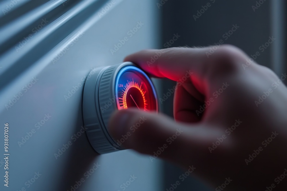 'A close-up of a person's hand turning the thermostat dial on a modern ...