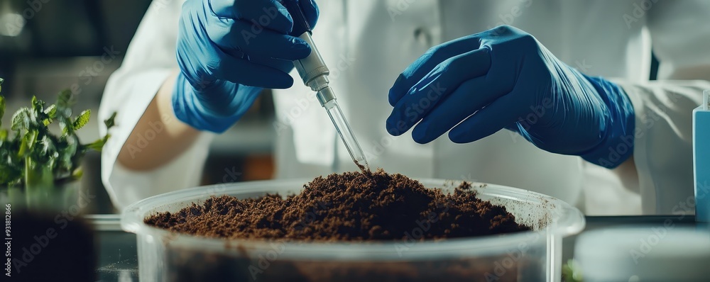 Scientist in lab conducting soil test with pipette and wearing blue ...