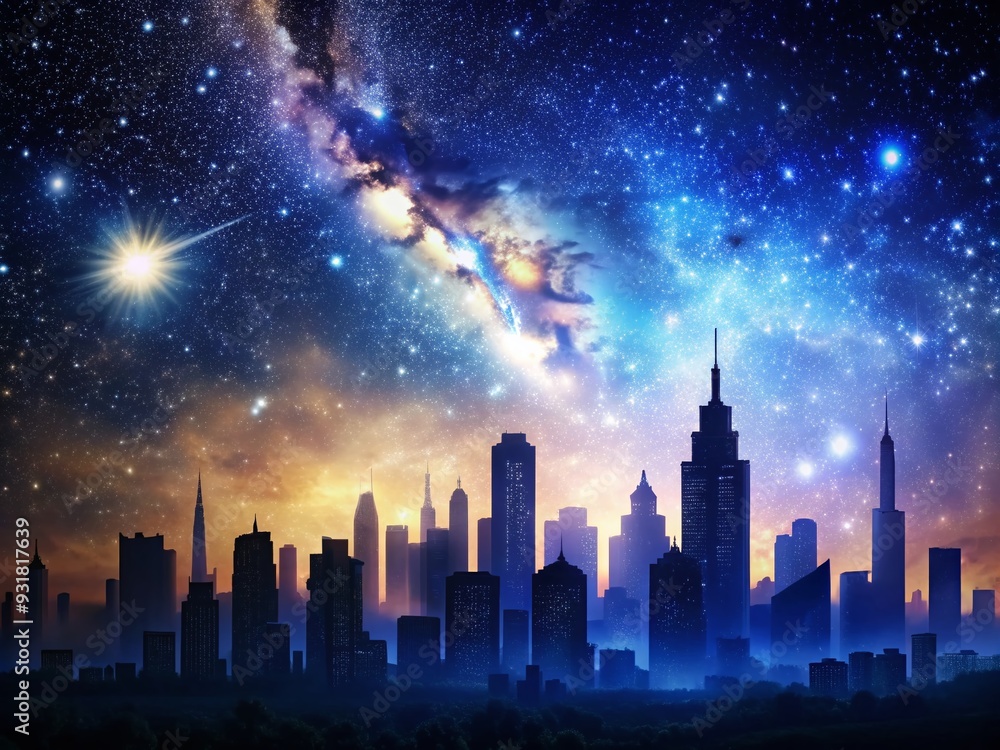 Celestial City Silhouette: Starry night sky casting a magical glow on a ...