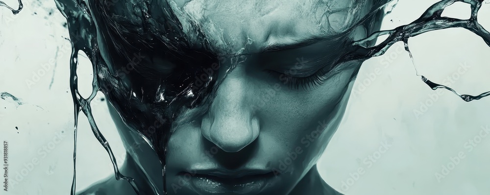 Surreal digital art of a person's face blending with abstract dark ...