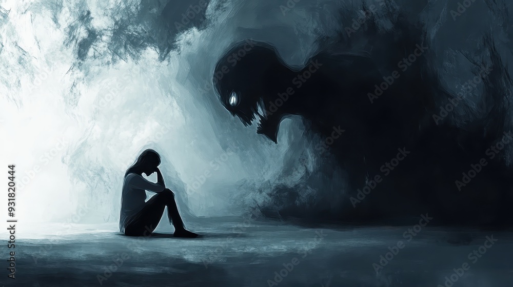 Silhouette of a person sitting alone, battling inner demons depicted by ...