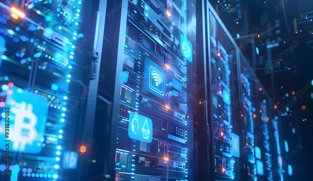 A close up of an open data center server rack with glowing holographic ...