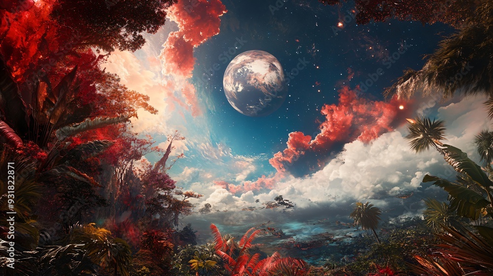 Breathtaking alien world with vibrant sky and lush landscape for ...