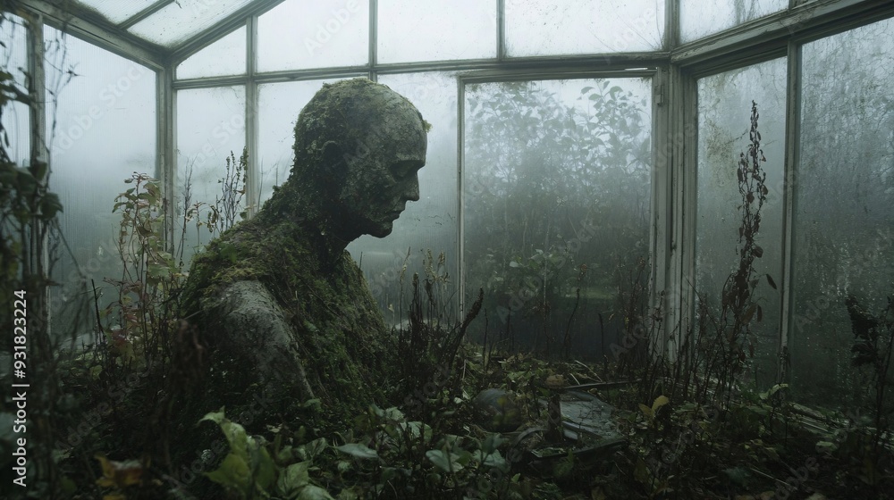 Haunting moss-covered figure in misty greenhouse for atmospheric horror ...