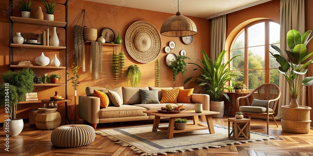 Earthy Chic Oasis: Bohemian touches, organic shapes, warm orange tones ...