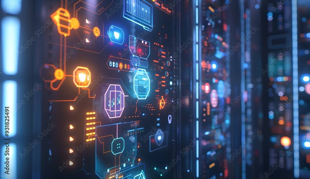 A close up of an open data center server rack with glowing holographic ...