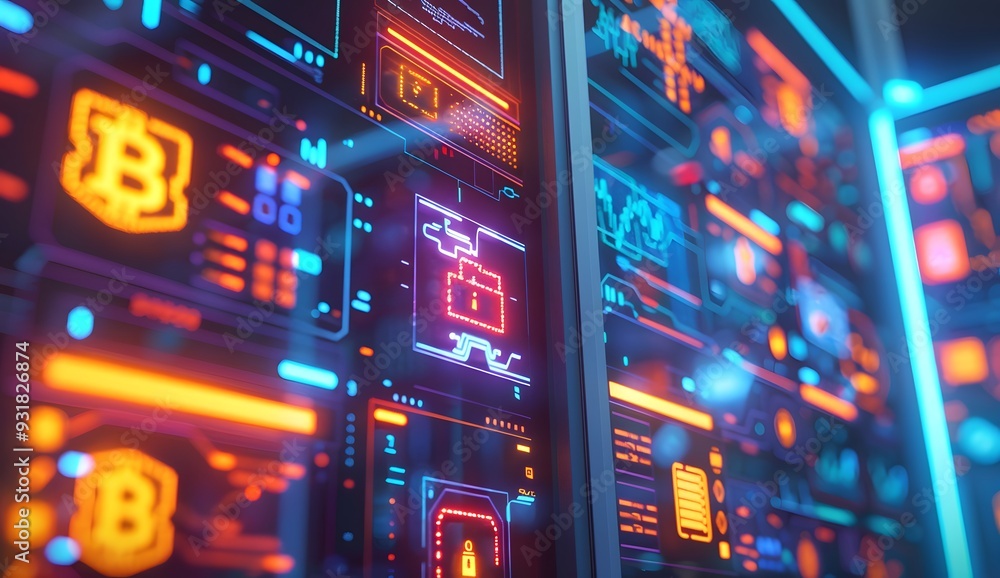 A close up of an open data center server rack with glowing holographic ...