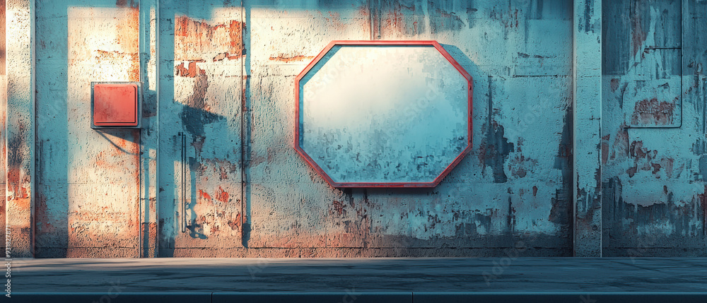 Industrial grunge wall with a blank octagonal sign, textured and ...