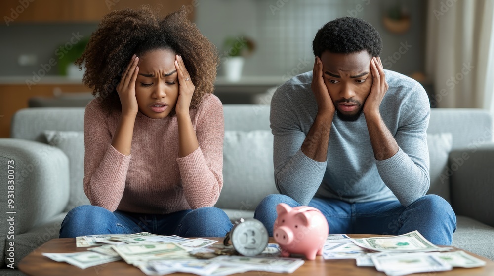 Stressed couple sitting on a couch surrounded by bills and a piggy bank ...