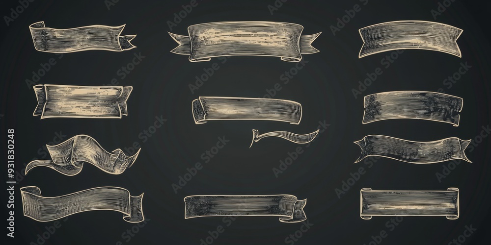 Vintage Engraved Scrolls and Banners: Elegant Hand-Drawn Design ...