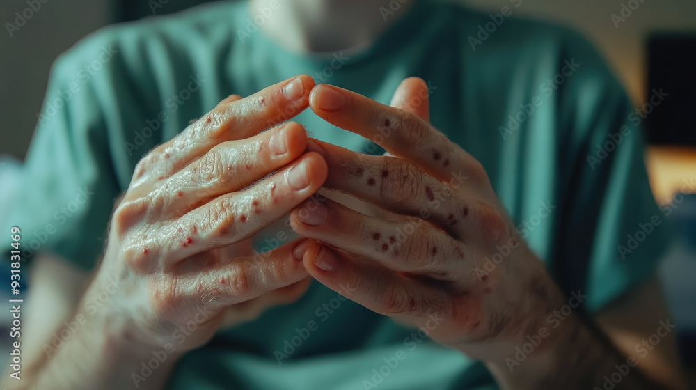 man's hands covered with rash, abscesses, wounds, pimples, monkeypox ...