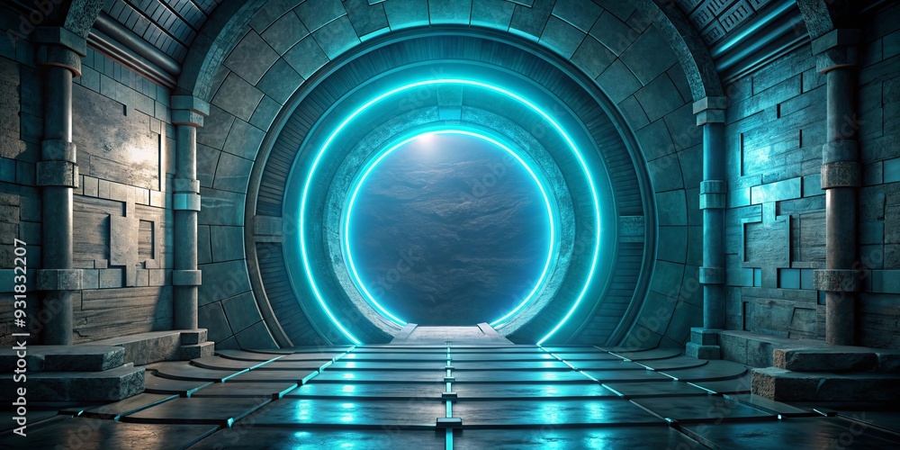 Circular orange glowing sci-fi door in center of square arch of alien ...