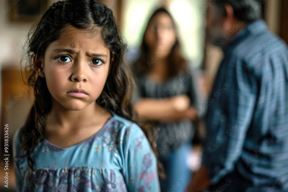 Portrait of a scared latino infantil girl, her confusion evident as her ...