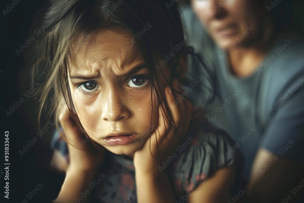 Scared child girl is visibly confused as her parents yell at each other ...