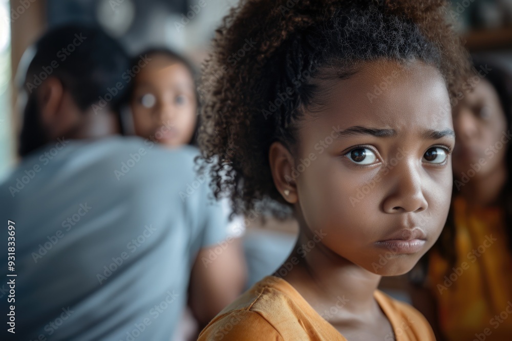 A young african american girl appears scared and confused,as her ...