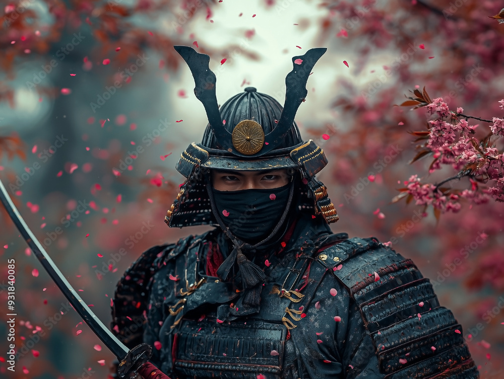 Japanese samurai with his face covered by a black bandana in a proud ...