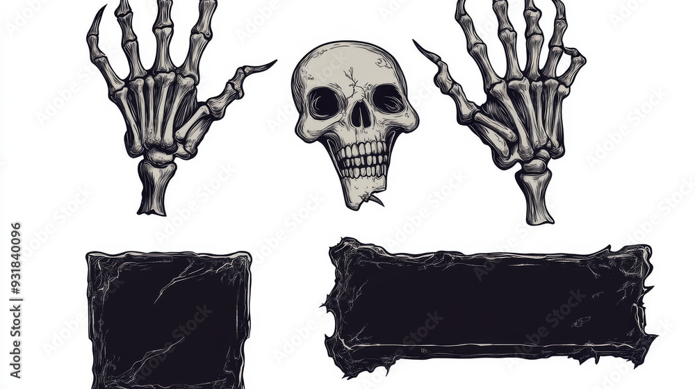 Bones of skeleton or zombie hands holding black banners or a tombstone ...