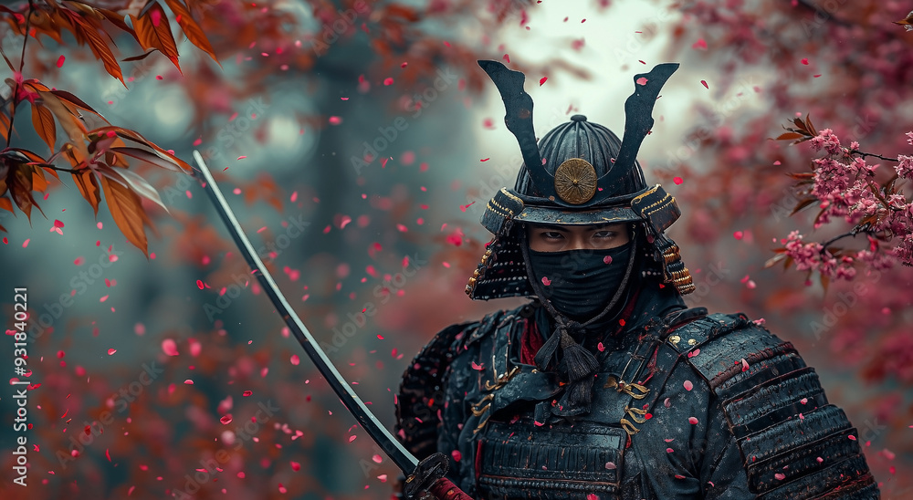 Japanese samurai with his face covered by a black bandana in a proud ...