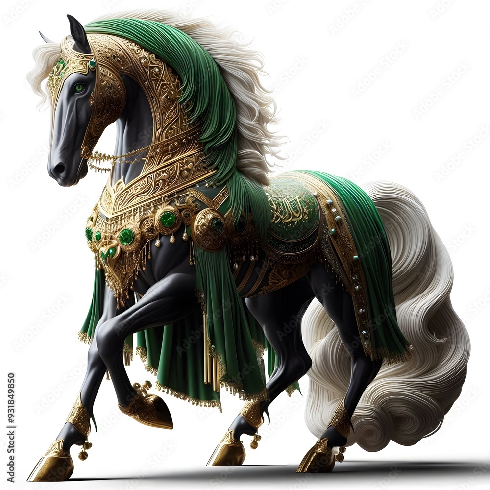 A beautiful spiritual Arabic Zuljanah-style horse with golden and green ...