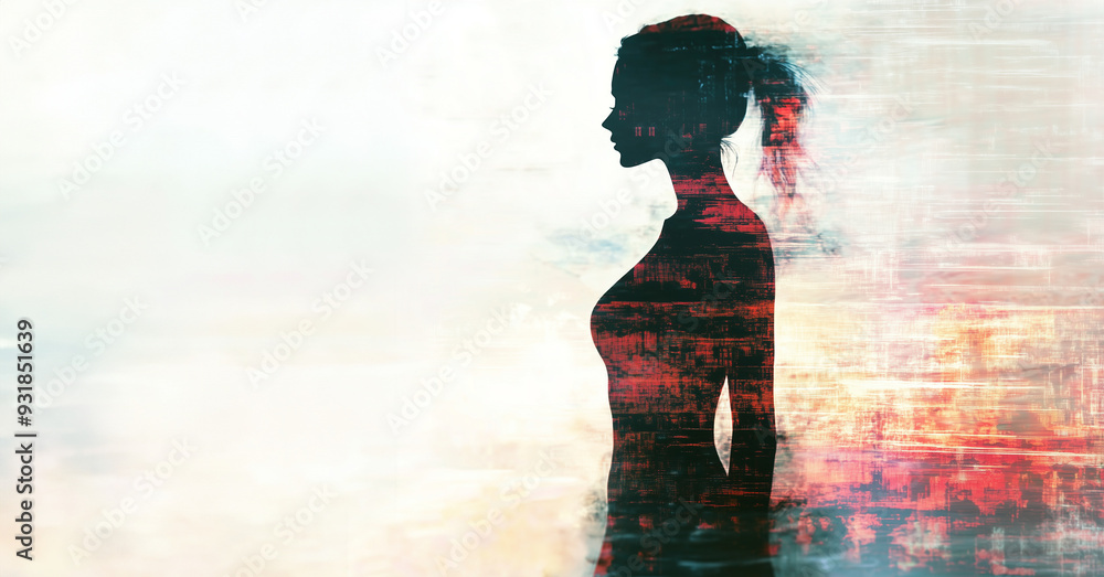 Silhouette of a woman on a screen, code and glitches create a shadowbox ...