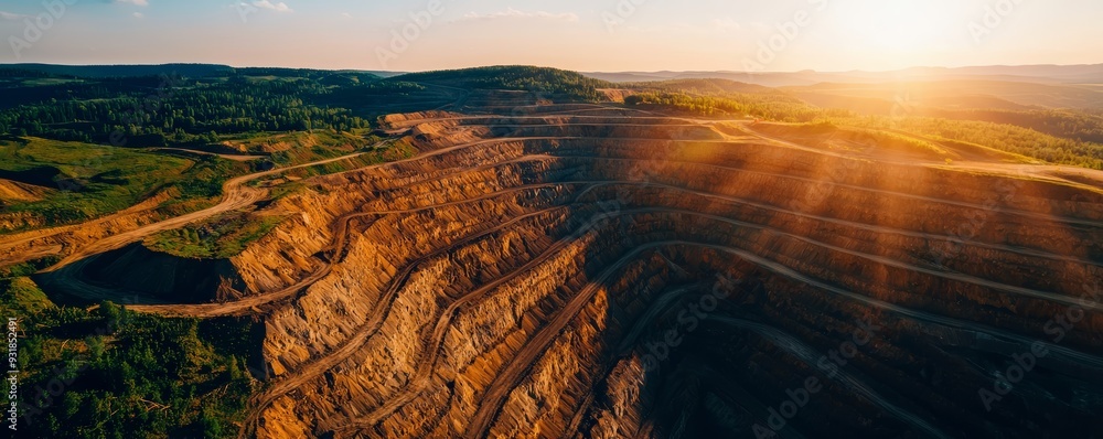 Aerial view of an open pit mine, exposing layers of earth and rock with ...