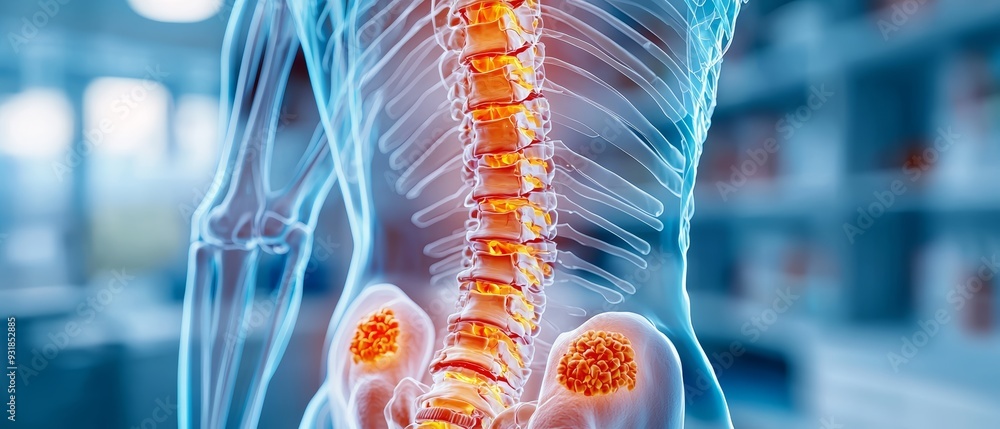 Conceptual medical illustration focusing on the lumbar region, showing ...