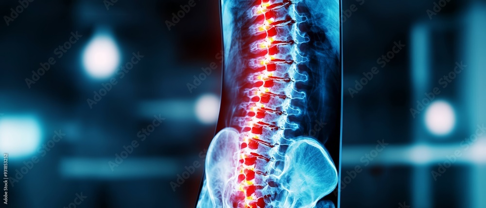 Detailed X-ray of the lumbar spine and pelvis, focusing on bone ...