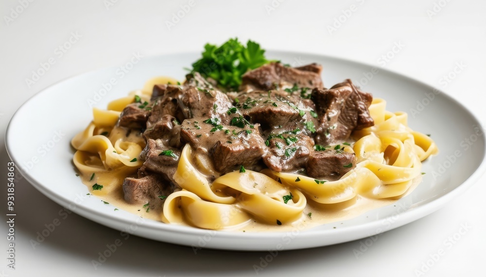 Plato de pasta con estofado de carne en salsa cremosa, decorado con ...