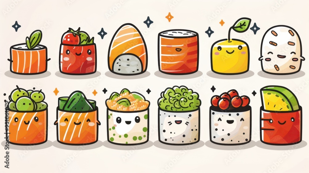 Pop color illustrations of Japan's traditional Cute Food Sushi (Futo ...