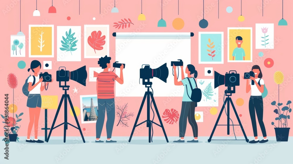 Colorful vector illustration of a photography contest, with judges ...