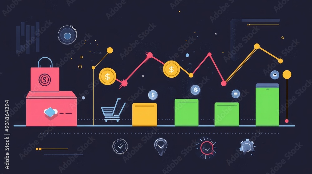 E-commerce success infographic showing key steps to grow profit, with icons and progress lines ...