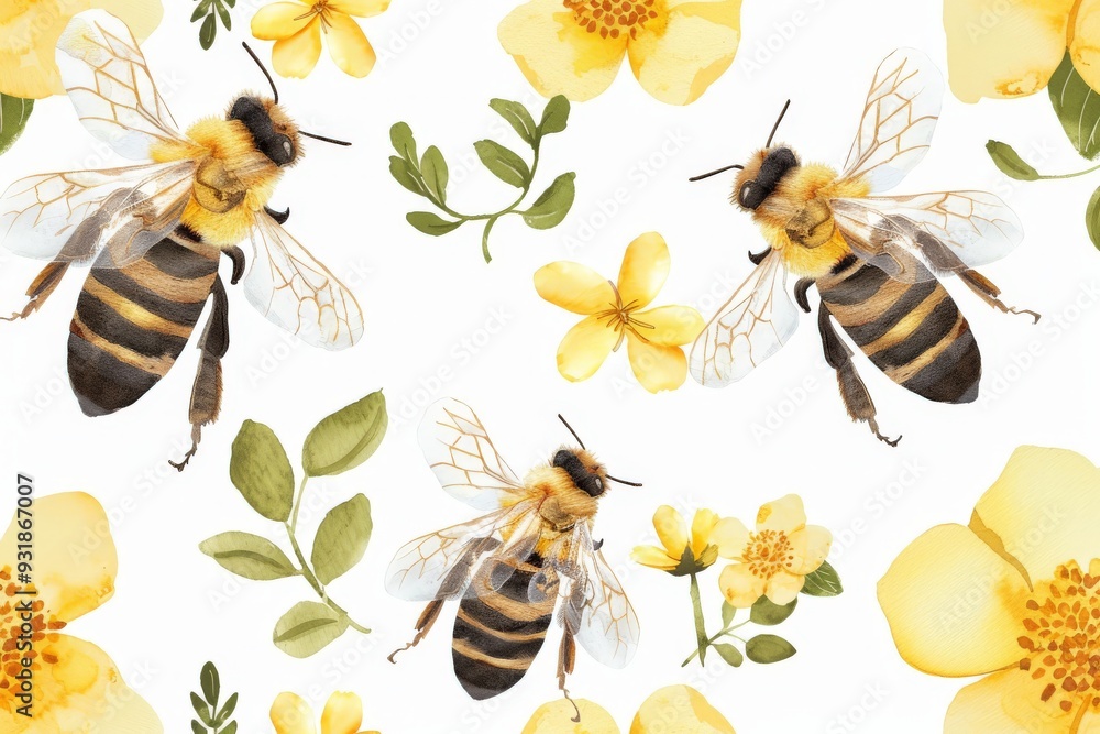 Watercolor Beehive honey bee background with cute flower and leaves ...