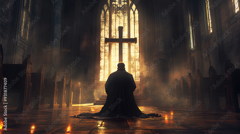 padre fraile sacerdote hincado en una iglesia a los pies de la cruz de ...