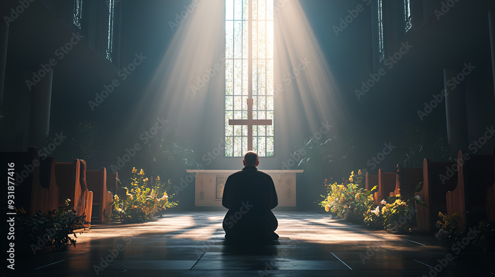 Foto de sacerdote hincado ante la cruz de Dios catolica cristiana ...