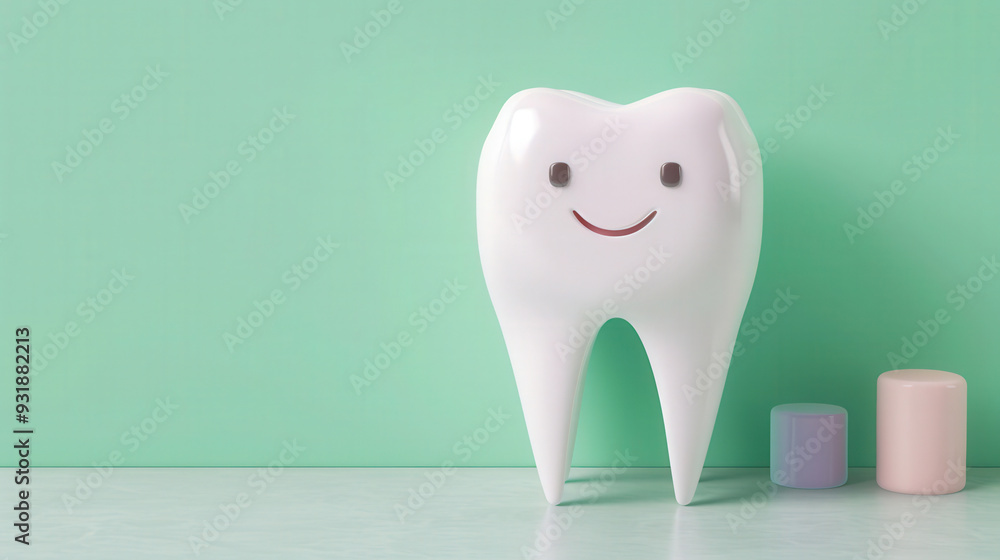 Cheerful Tooth Character on Soft Green Background, delightful 3D design ...