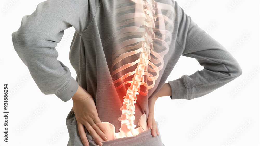 ภาพประกอบสต็อก Back view of a woman with backbone pain putting his ...