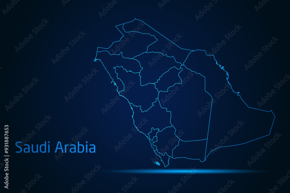 Abstract High Detailed Glow Blue Map on Dark Background of Map of Saudi ...