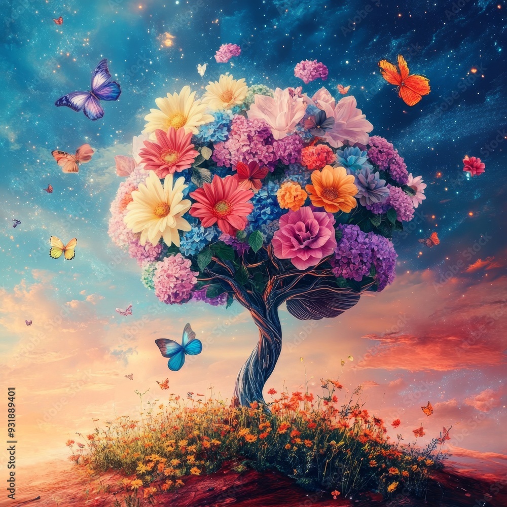 Vibrant Brain Tree with Blossoming Flowers: AI-Generated Abstract Art ...
